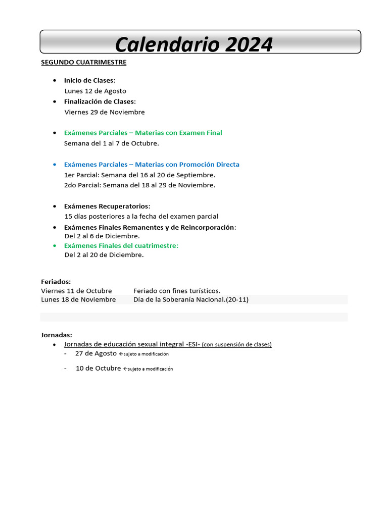 Calendario Academico 2do Cuatrimestre | PDF