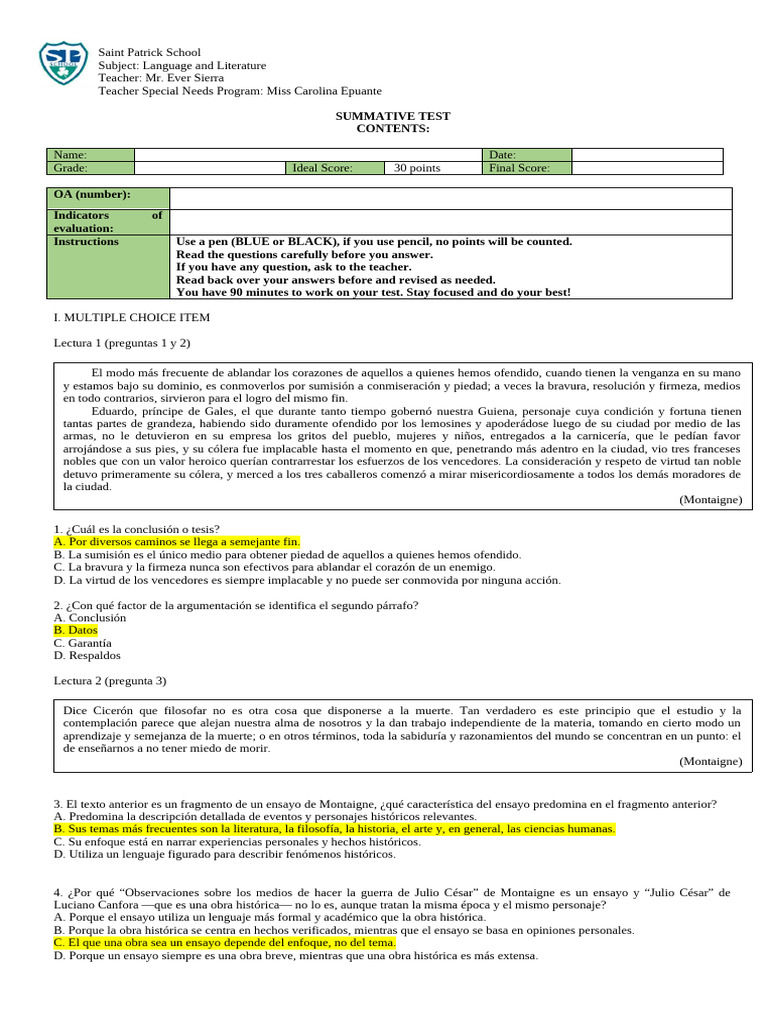 Summative Test 4 9THS | PDF