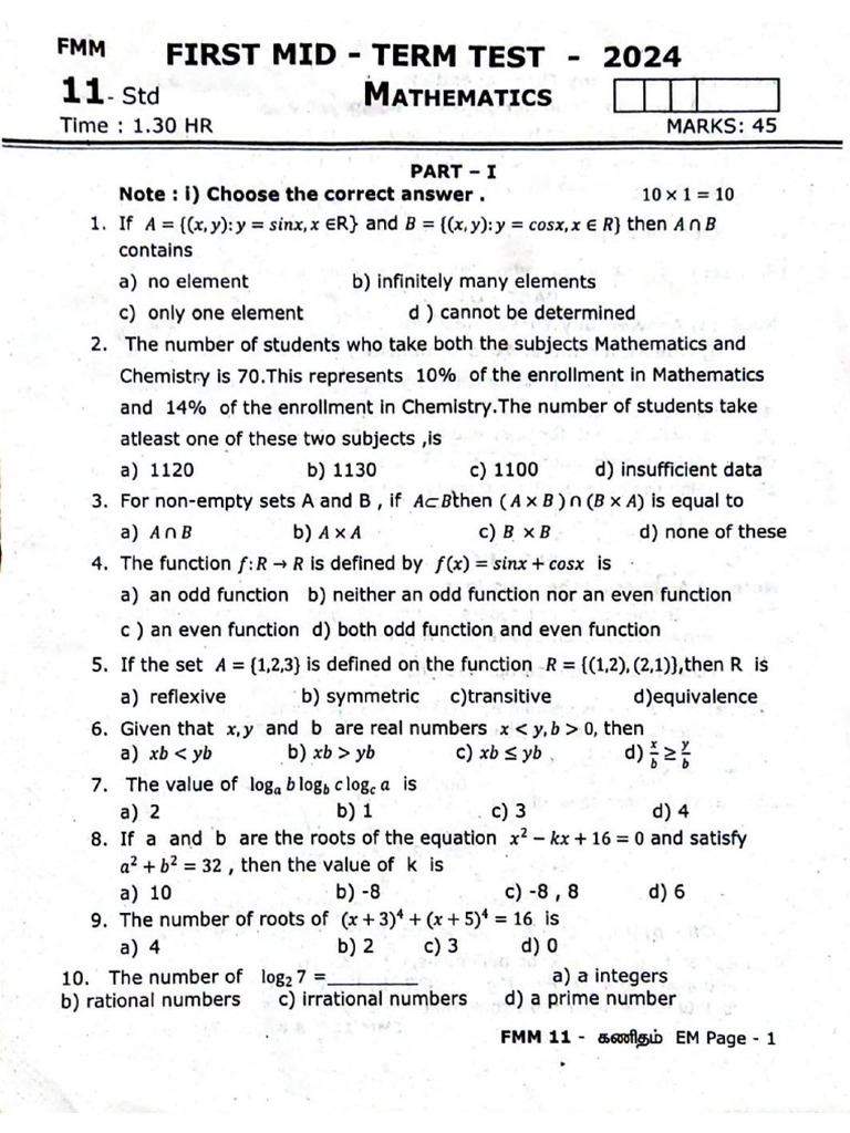 11th Maths 1st Mid Term QN 2024 MADURAI | PDF