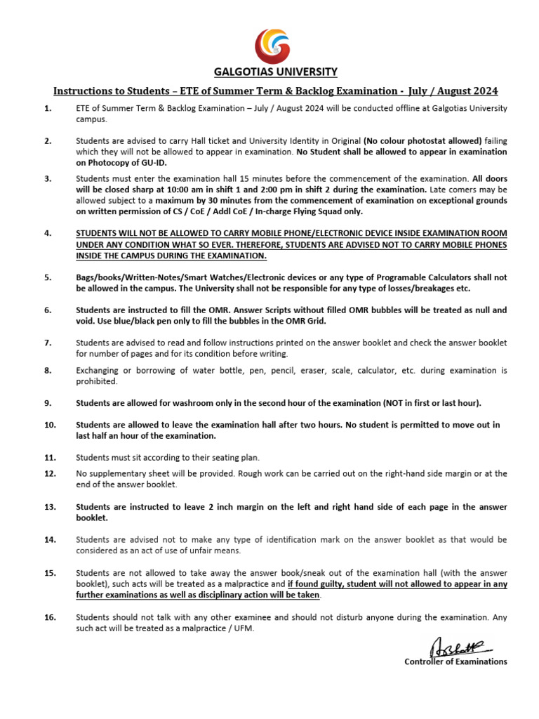 Instructions To Students - ETE of Summer Term Backlog Examination ...