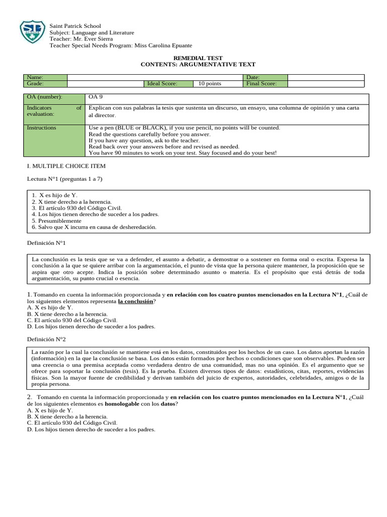 Primera Remedial 9THS 2024 | PDF