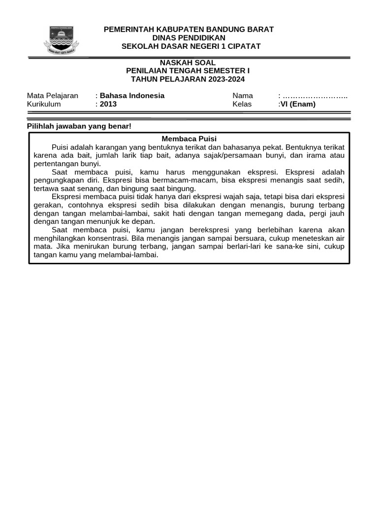 Soal PTS I B.indonesia Kelas 6 Kurtilas | PDF