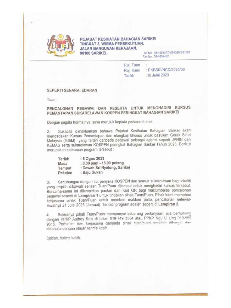 Jemputan PegawaiPeserta Kursus Sukarelawan Kospen 2023 | PDF