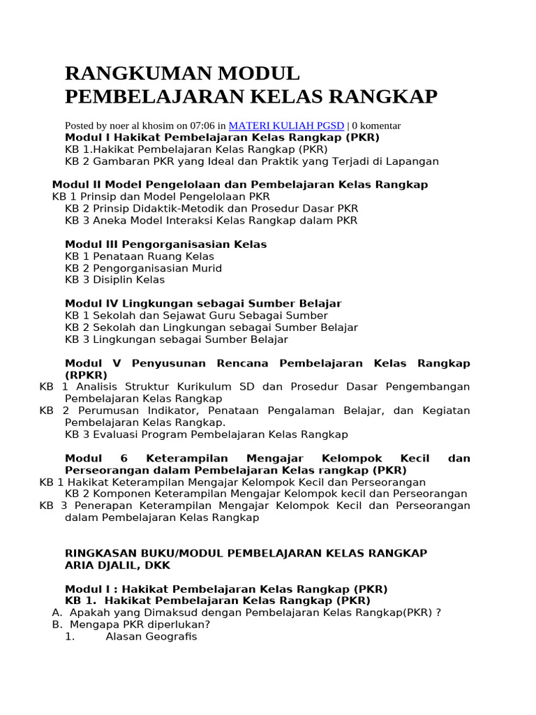 Rangkuman Modul Pembelajaran Kelas Rangkap | PDF