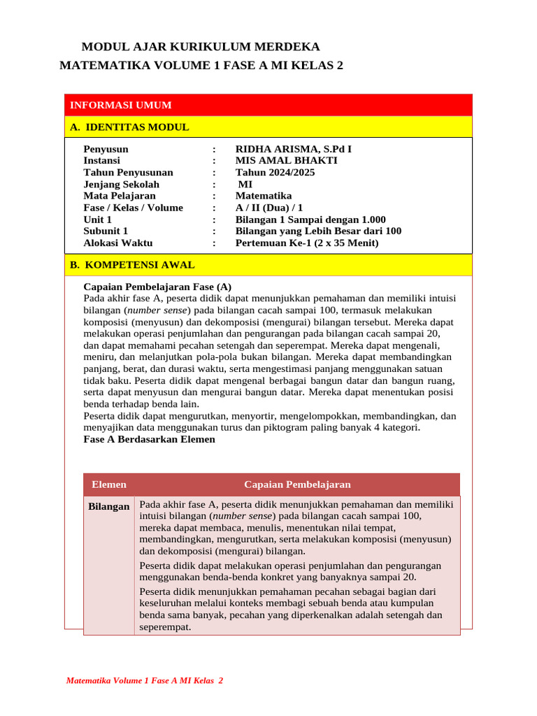 Modul Ajar Matematika Kelas 2 Unit 1 | PDF