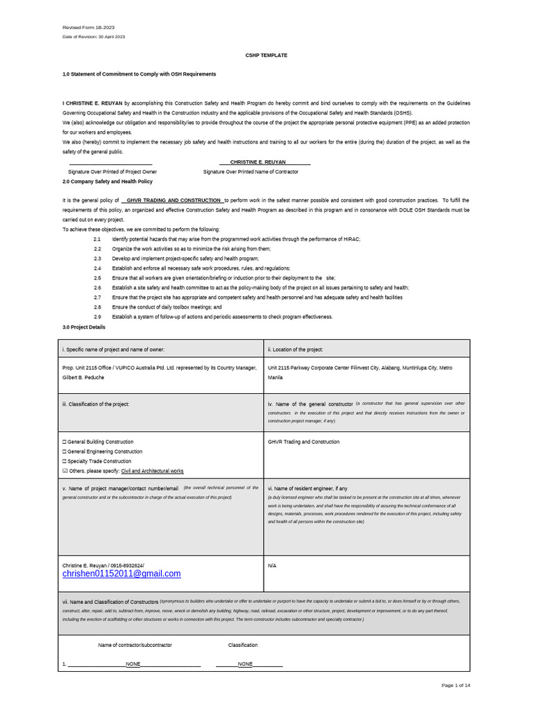 CSHP Form 1B 2023 Template - 2 | PDF | Occupational Safety And Health ...
