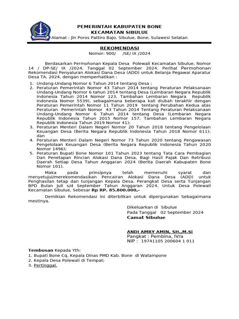 Rekomendasi Camat Per Desa | PDF