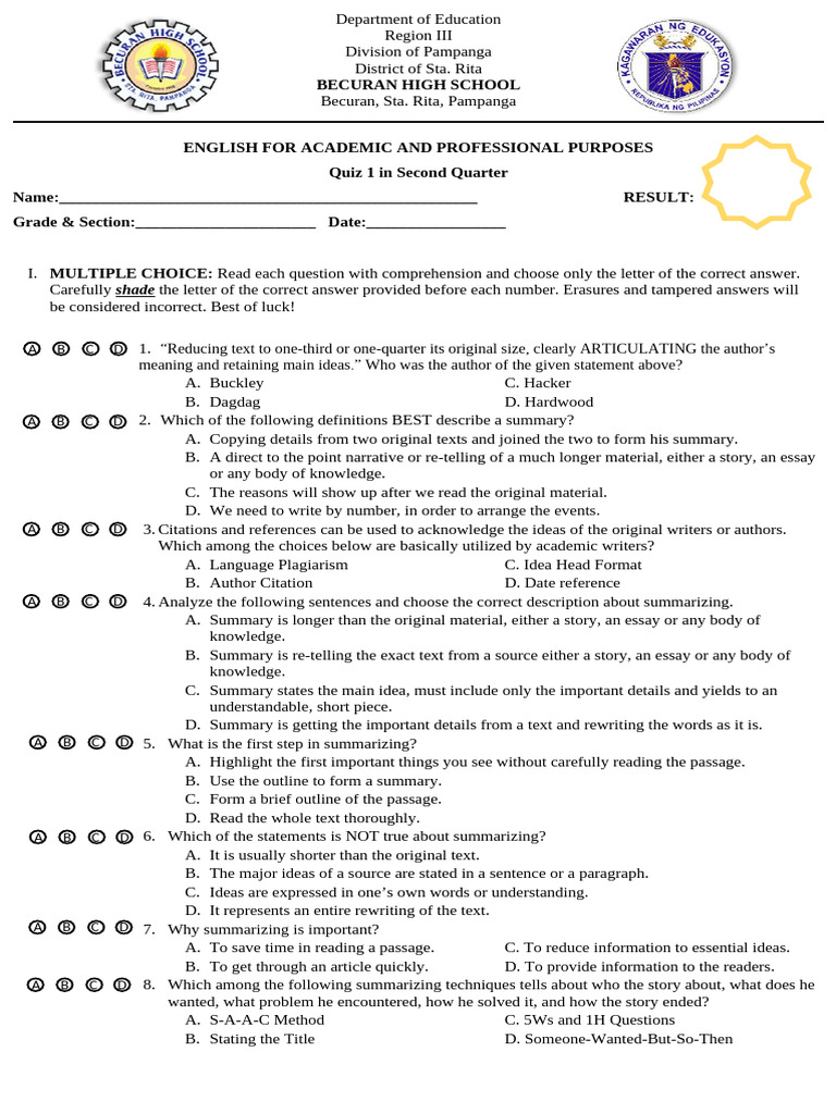 Summarizing Technique Quiz Pdf