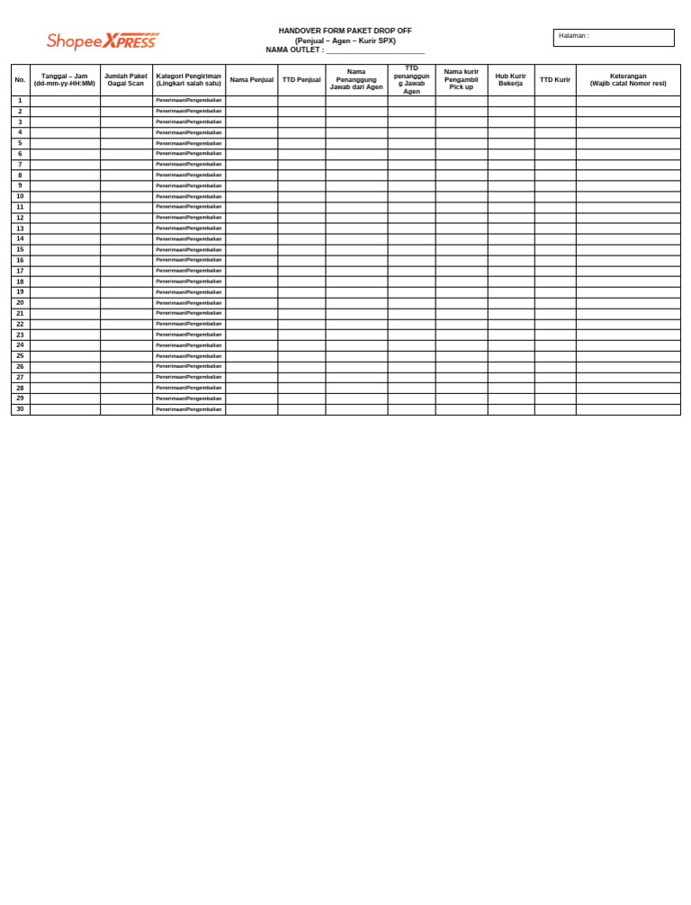 Handover Form Paket Drop Off | PDF