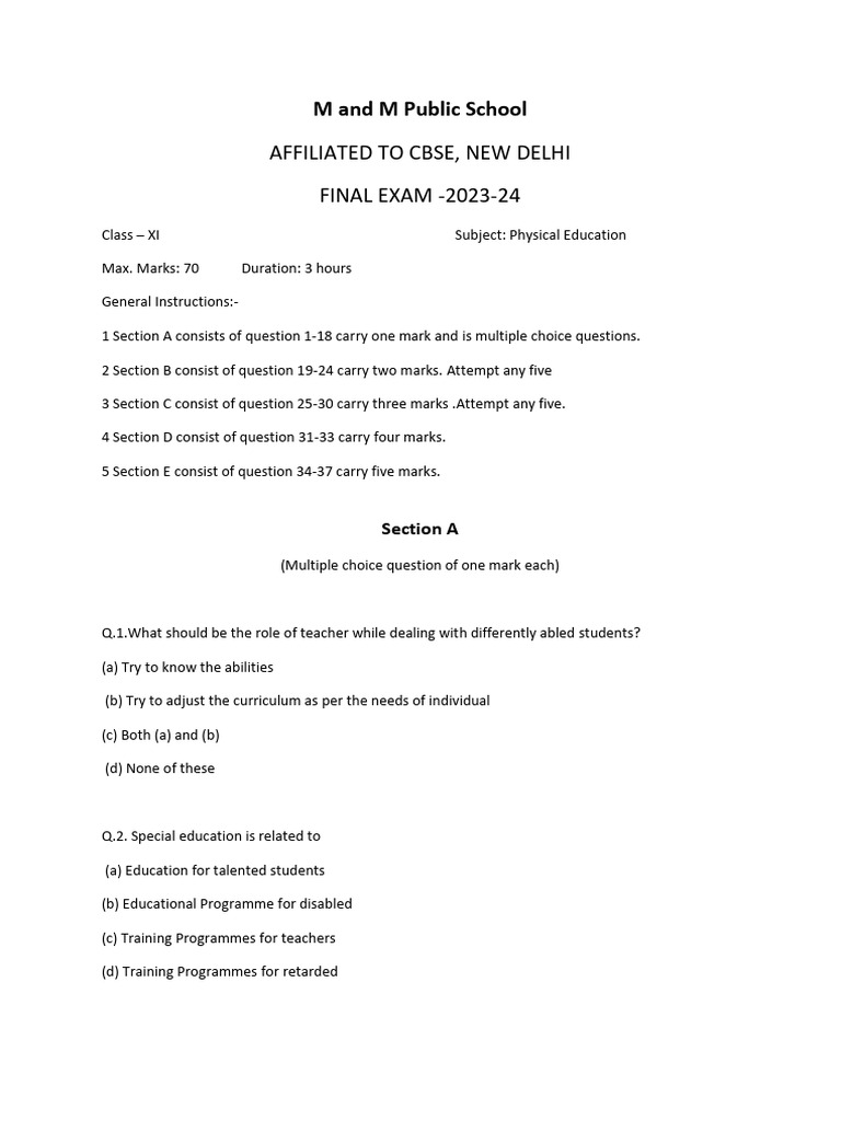 Class 11 Physical Education Paper M and M College Dummy | PDF