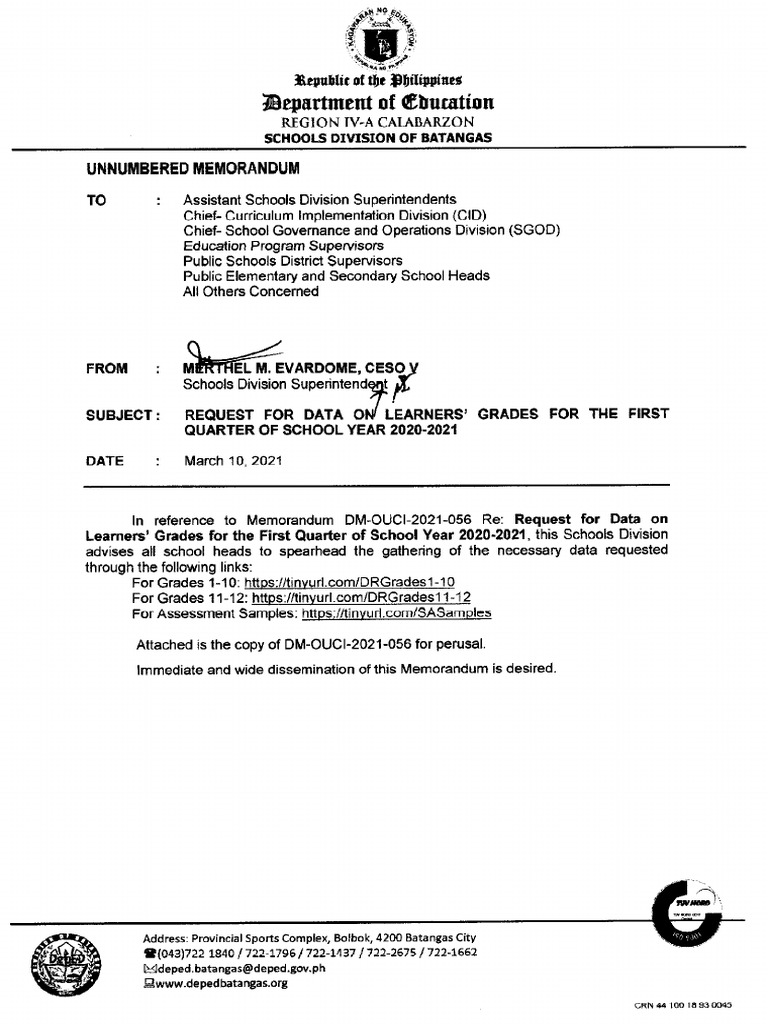 UNNUMBERED-MEMORANDUM_REQUEST-FOR-DATA-ON-LEARNERS-GRADES | PDF