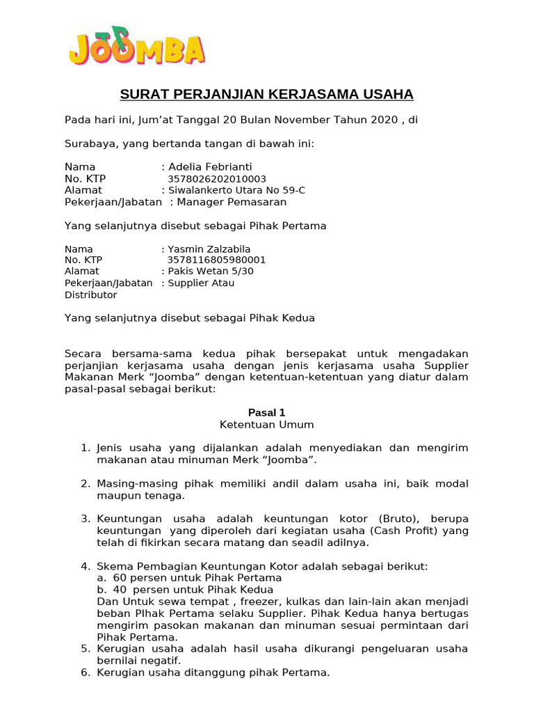 Surat Perjanjian Kerjasama Usaha Pdf
