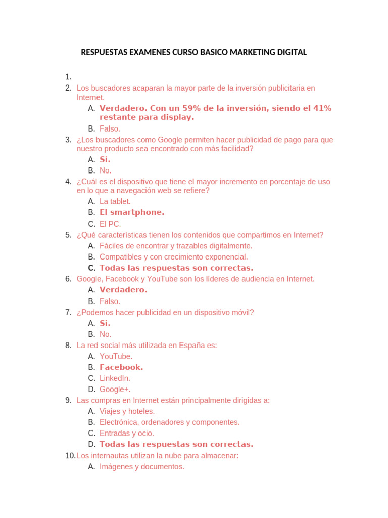 Respuestas Examenes Curso Basico Marketing Digital | PDF
