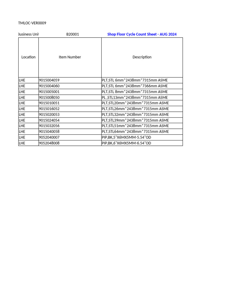 Shop Floor Cycle Count Sheet - AUG 2024 | PDF