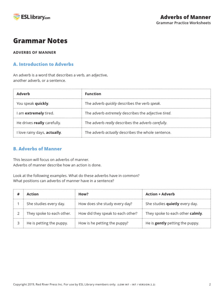 Adverbs of Manner - Grammar Practice Worksheets - ESL Library | PDF ...