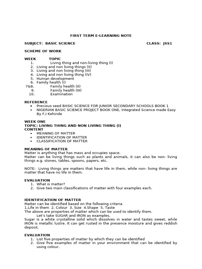 1ST Term J1 Basic Science | PDF