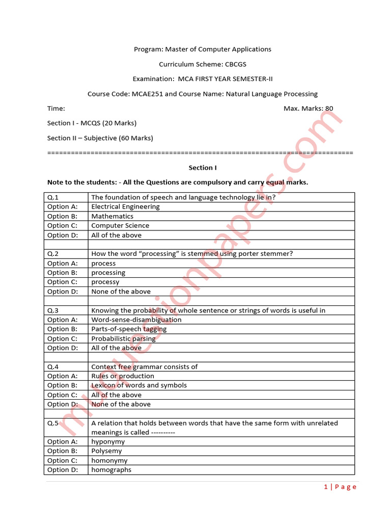 Technology Mca Master of Computer Applications Semester 2 2022 May Elective 2 Natural Language ...
