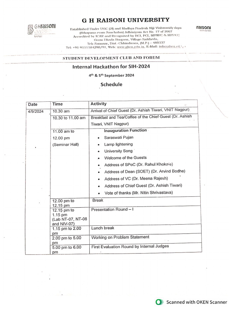 Schedule Internal Hackatho SIH 2024 | PDF