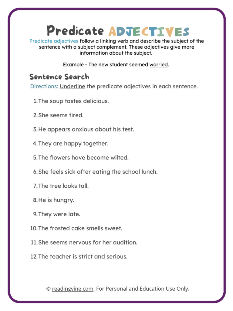 Underline the Predicate Adjectives Worksheet | PDF
