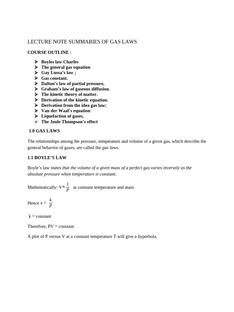 GAS LAW SUMMARY NOTE AND QUESTIONS (Edited) | PDF
