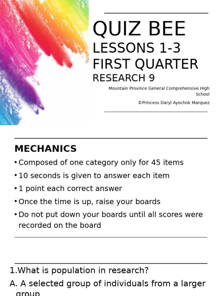 Quiz Bee 1 Lessons 1-3 | PDF