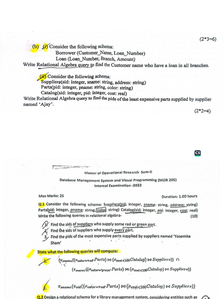 Dbms Relational Algebra Questions | PDF