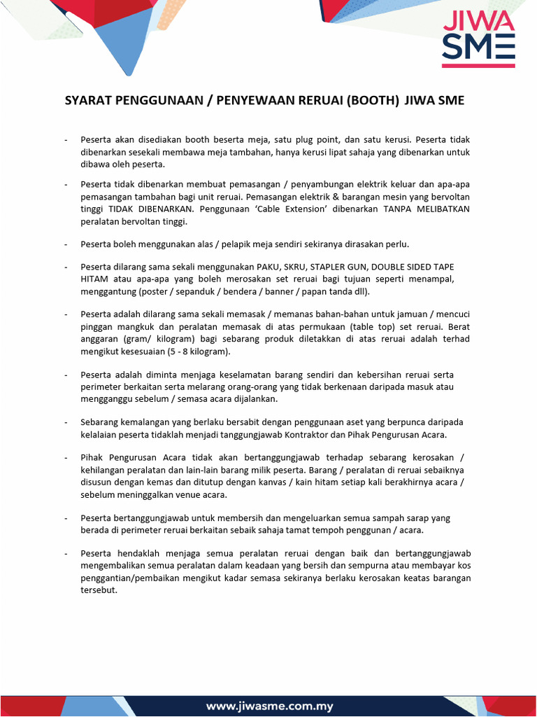 Rules & Regulations Vendor Booth For Jiwa Sme 2024 | PDF