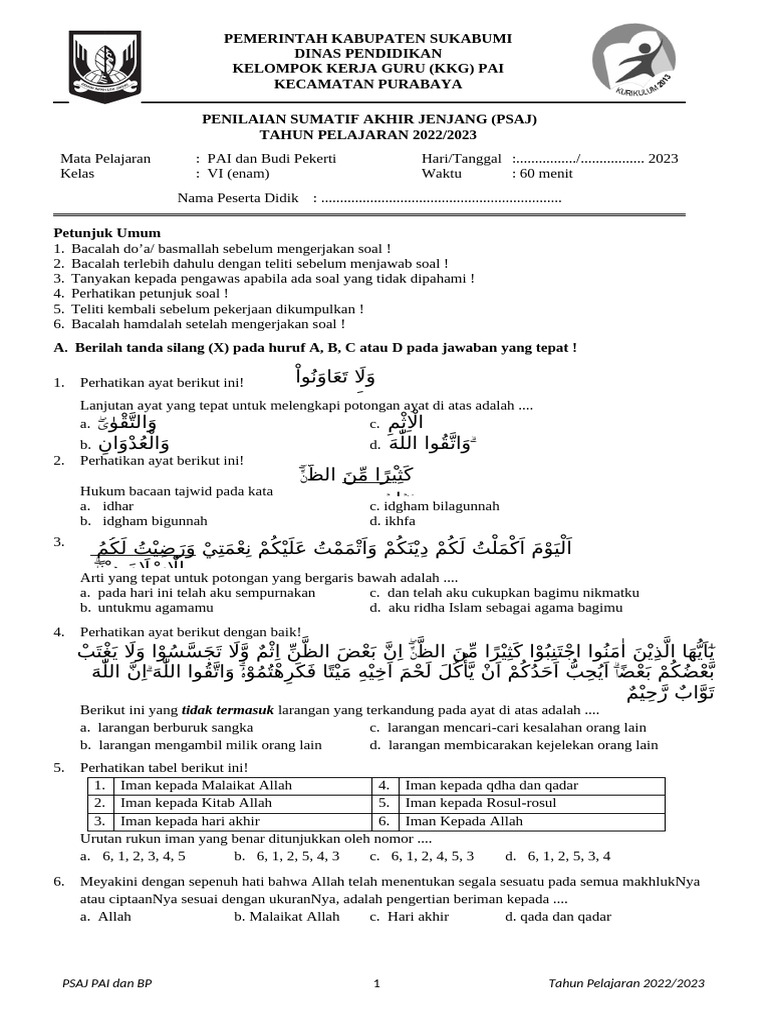 Kisi-Kisi Dan Soal PSAJ PAI Kelas VI 2023 | PDF