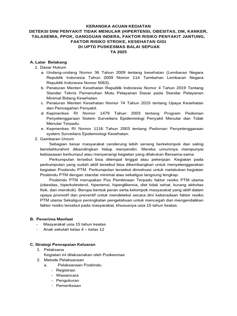 TOR Deteksi Dini Penyakit Tidak Menular (Hipertensi, Obesitas, DM ...