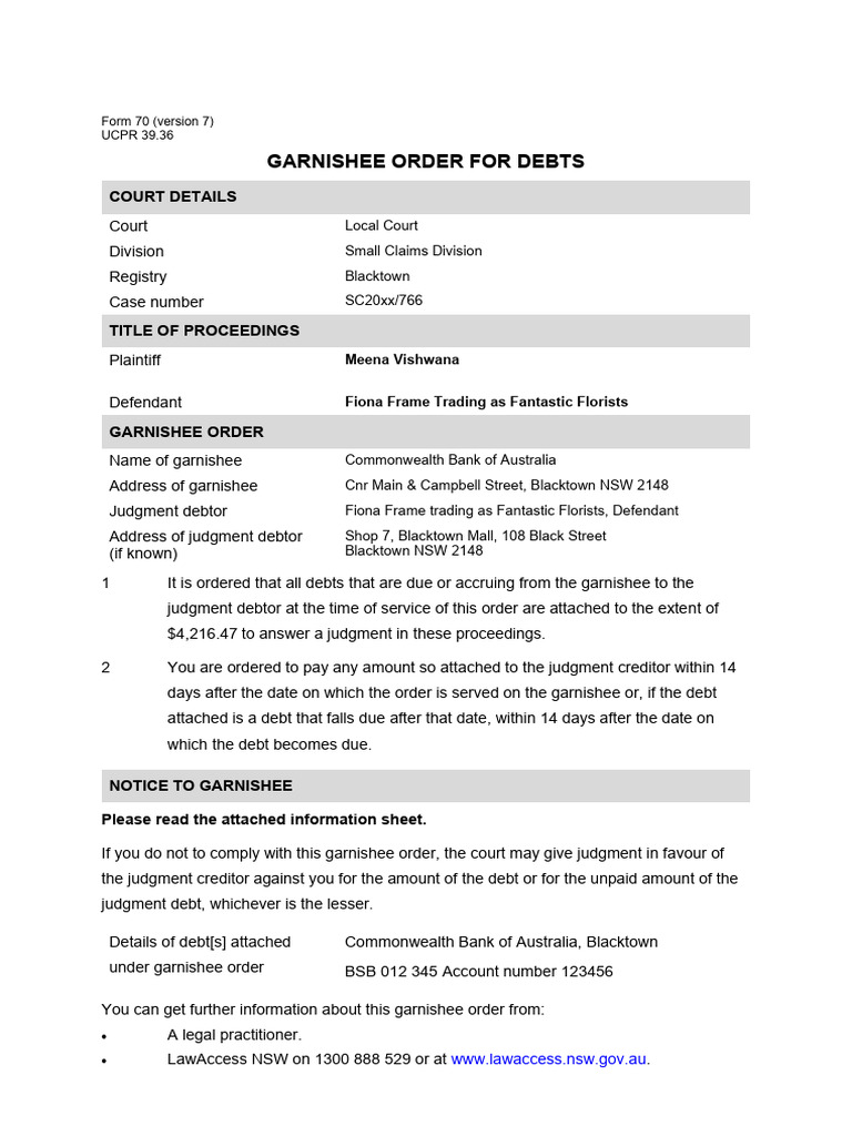 Sample - Garnishee Order For Debts | PDF | Garnishment | Law