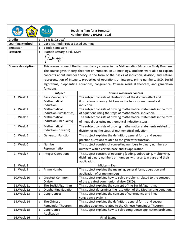 Teaching Plan For A Semester (RPS) | PDF | Number Theory | Discrete Mathematics