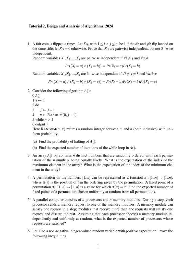 Tutorial 2, Design and Analysis of Algorithms, 2024 | PDF | Expected Value | Permutation