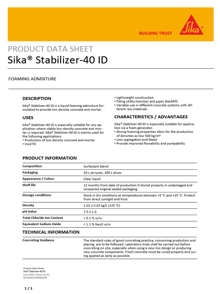 Sika Stabilizer-40id | PDF | Concrete | Density