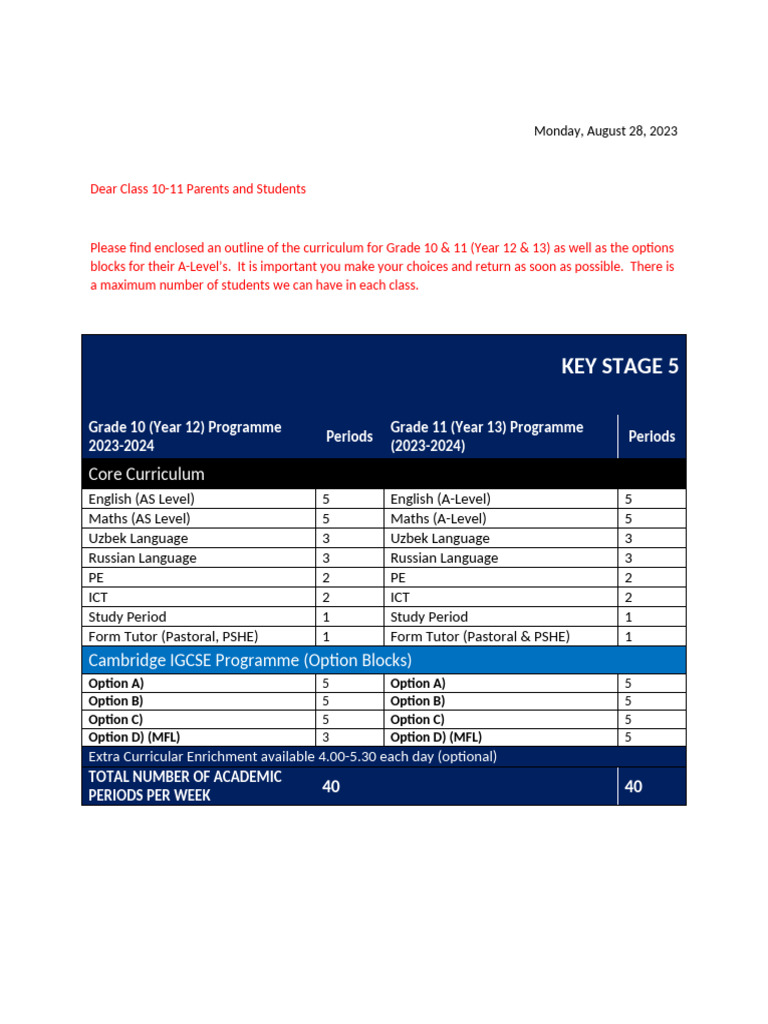 Year 10-11 A-Level Options Letter | PDF | Educational Stages ...