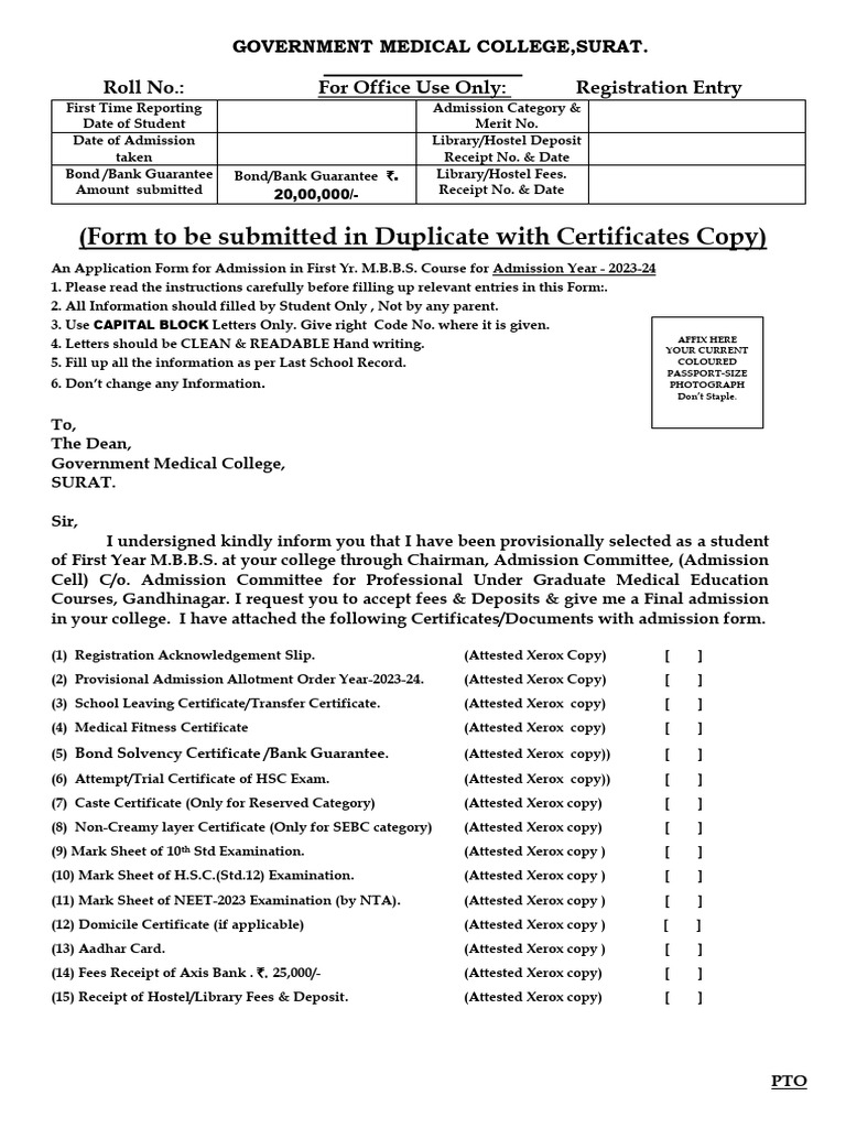 1st Year Mbbs Ug Admission Form - 2023-24 Form | PDF
