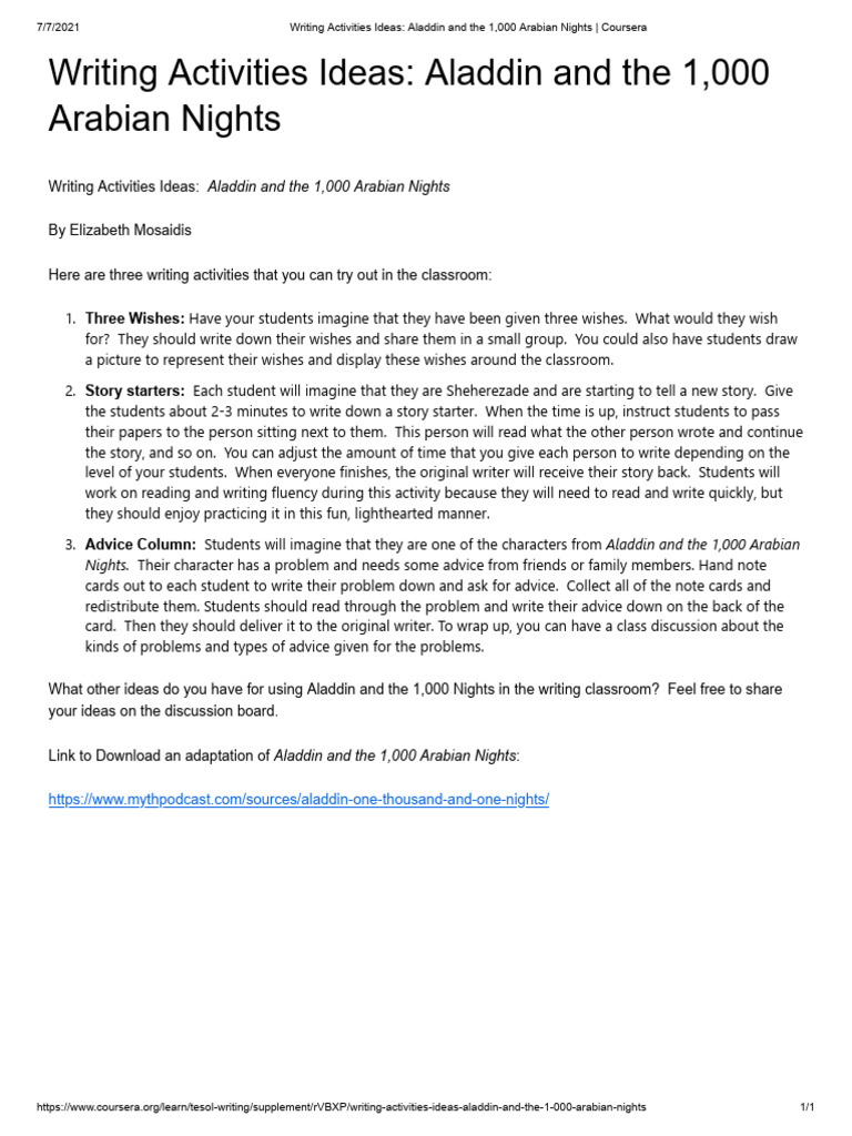 Writing Activities Ideas - Aladdin and The 1,000 Arabian Nights ...