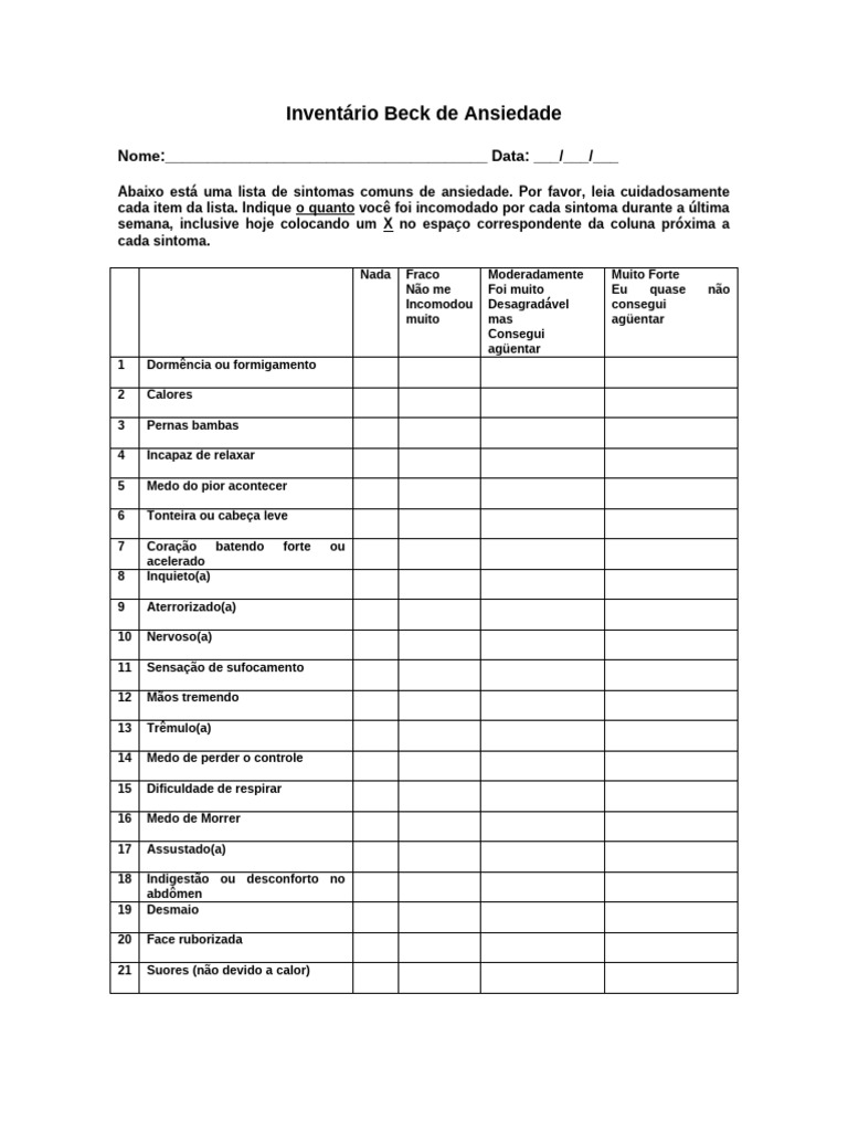 Inventário Beck: Avaliação de Ansiedade | PDF