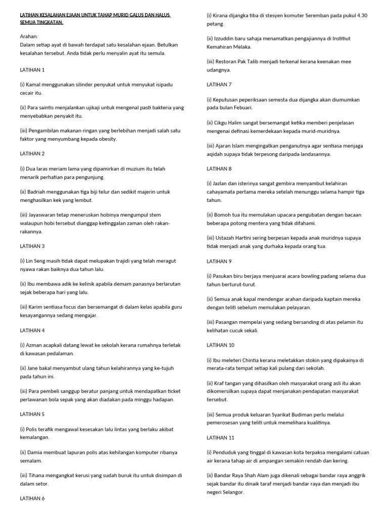 Latihan Kesalahan Ejaan Untuk Tahap Murid Galus Dan Halus Semua Tingkatan | PDF