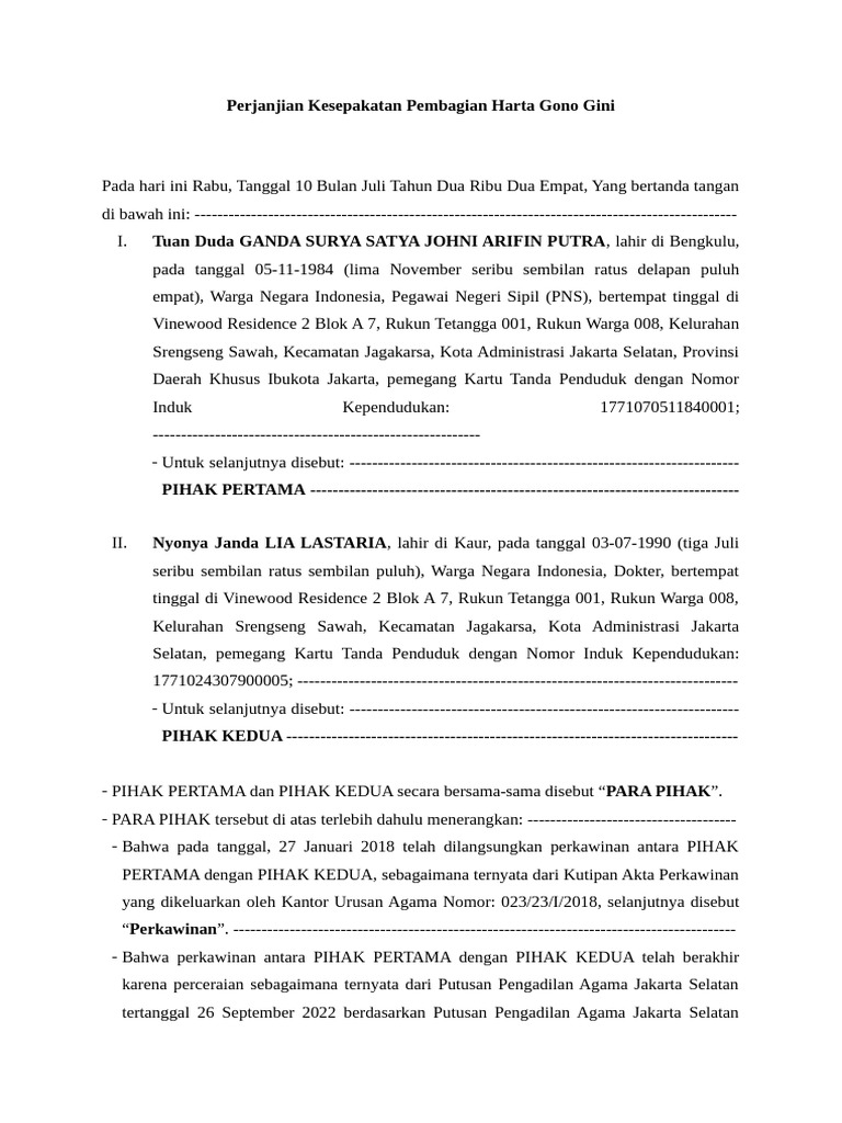 Perjanjian Kesepakatan Pembagian Harta Gono Gini | PDF
