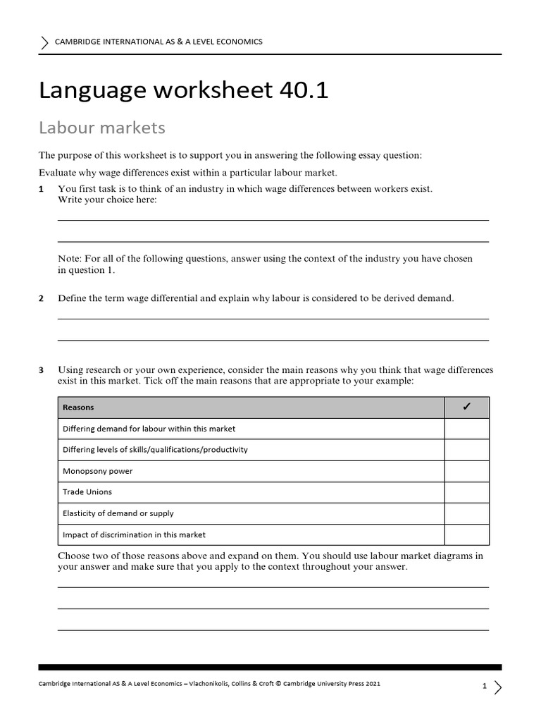 ASAL Economics Lang Worksheet 40.1 | PDF