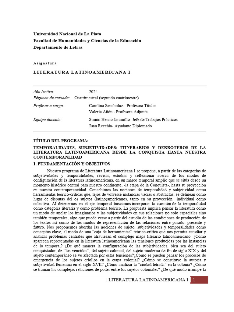 Programa de Literatura Latinoamericana I. Curso 2024 Con Cronograma de Lecturas de Teóricos y ...