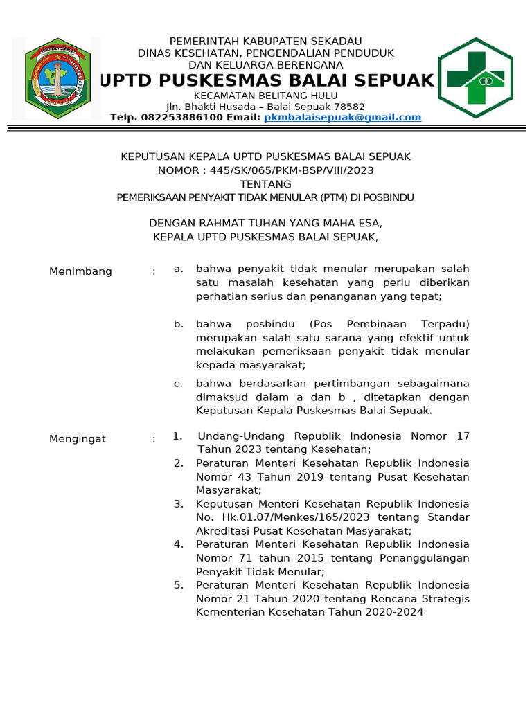 SK Pemeriksaan PTM Posbindu | PDF