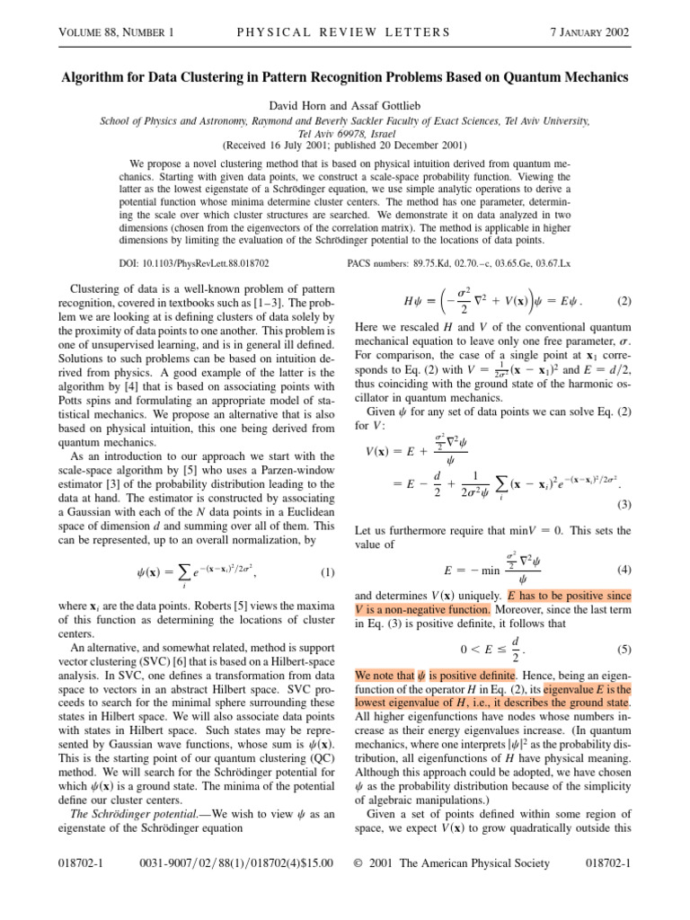 Algorithm For Data Clustering in Pattern Recognition Problems Based On Quantum Mechanics David ...