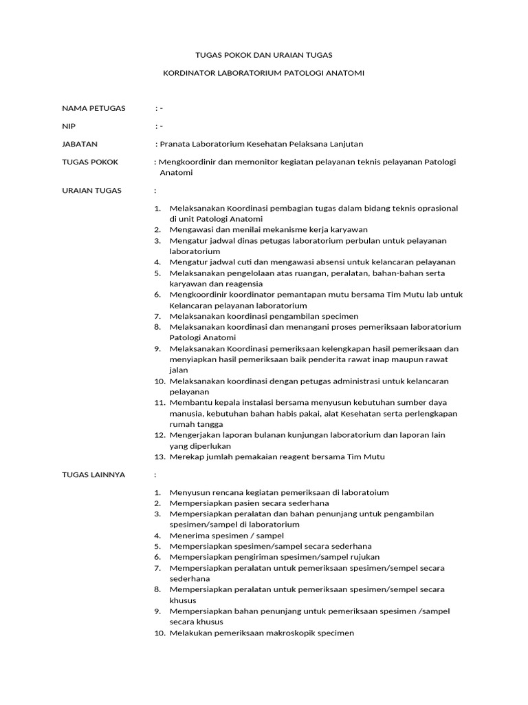 Tugas Pokok Dan Uraian Tugas Lab Pa | PDF