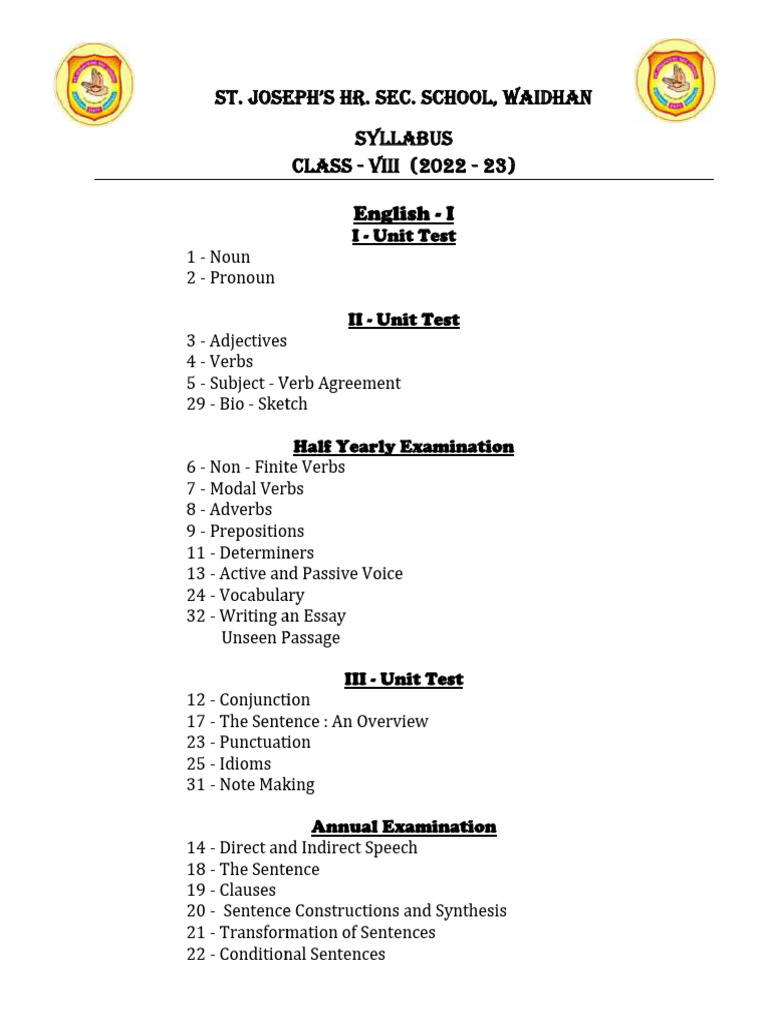 Class - VIII Syallabus 2022-23 | PDF