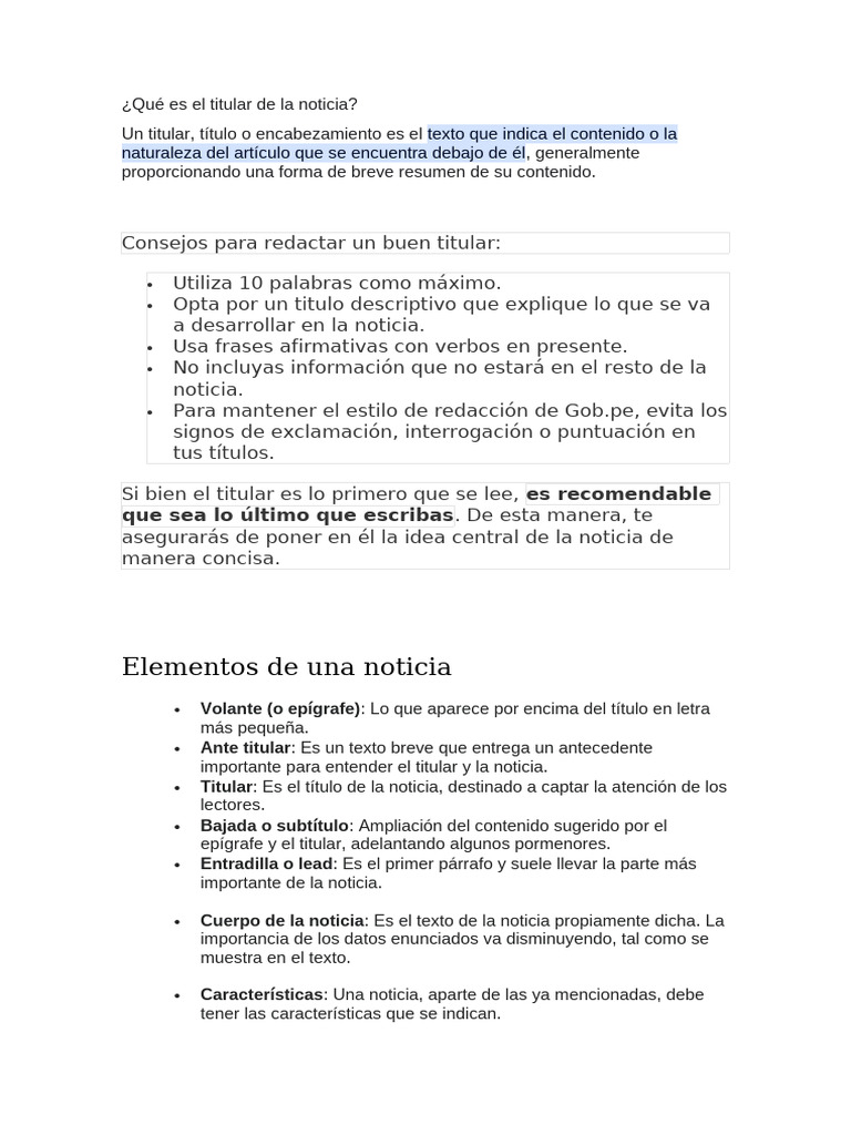 Qué Es El Titular de La Noticia | PDF