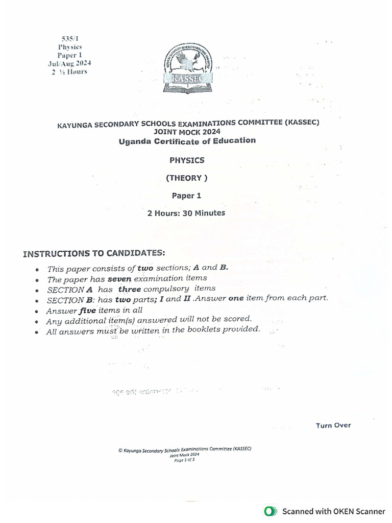 Uce Kassec Physics Paper One 2024 | PDF