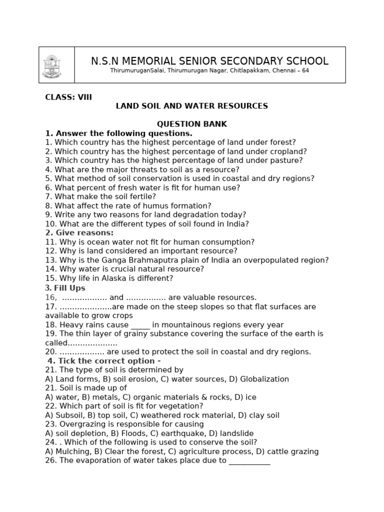 Question Bank-Land, Soil & Water Resources Viii STD | PDF | Soil | Erosion