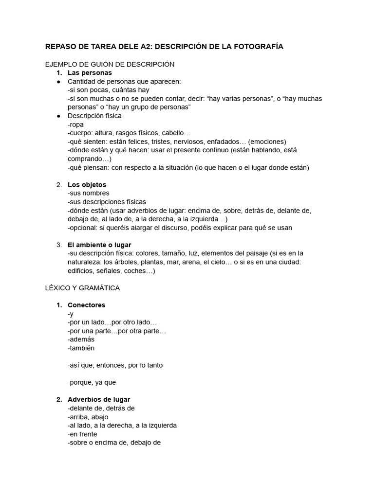 Repaso de Tarea Dele A2 - Descripción de La Fotografía | PDF