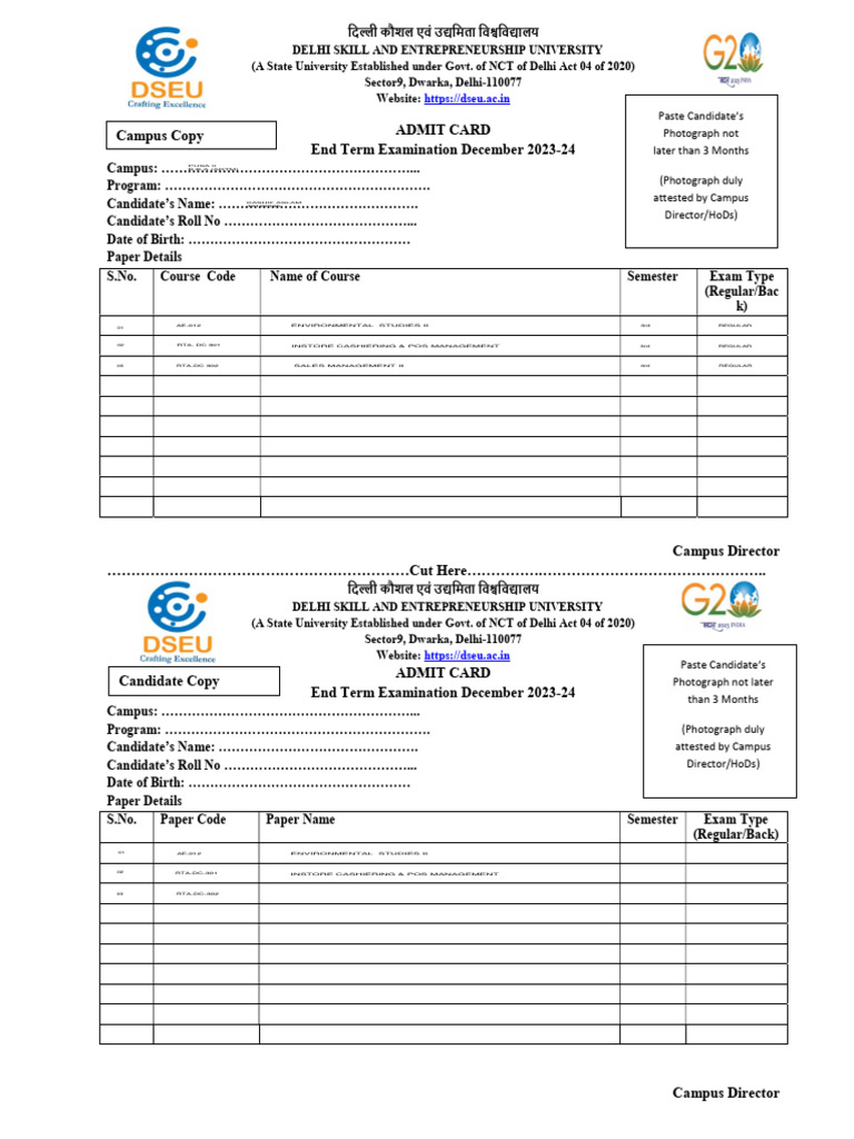 DSEU Admit Card | PDF
